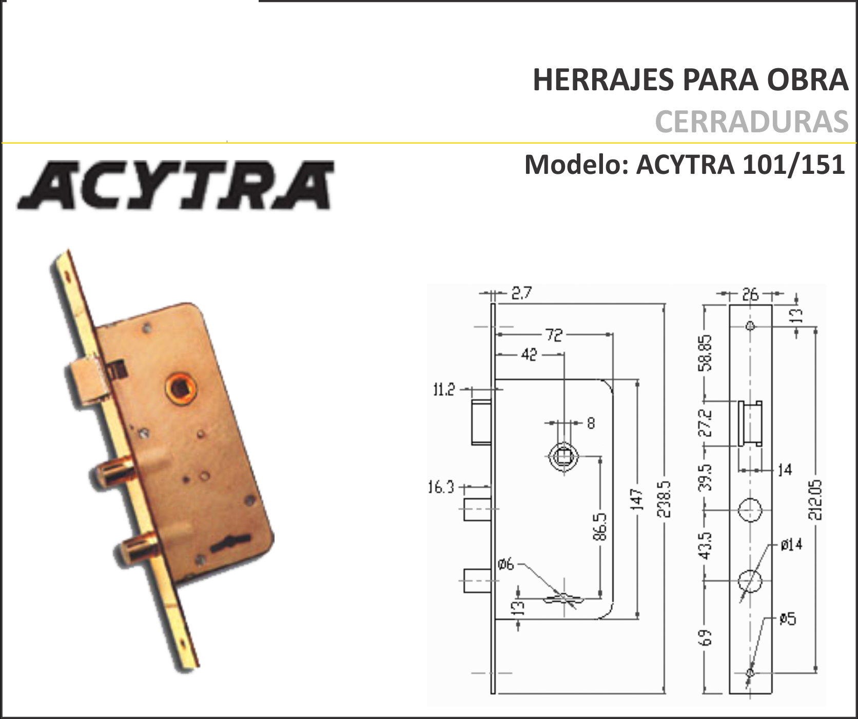 Cerradura De Seguridad Doble Perno Con Llave Doble Paleta Para Puertas Exteriores Marca ACYTRA 101